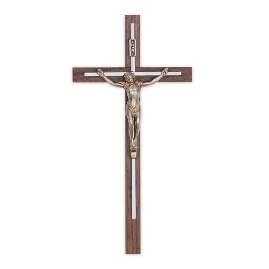 Walnut Exterior Cross with Antique Silver Crucifix Overlay